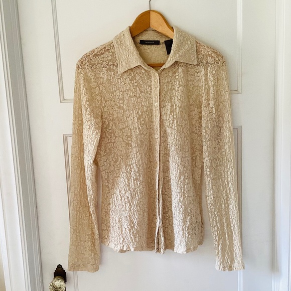Liz Claiborne | Tops | Liz Clairborne Ivory Lace Button Down Blouse Top M Office Elegant ...